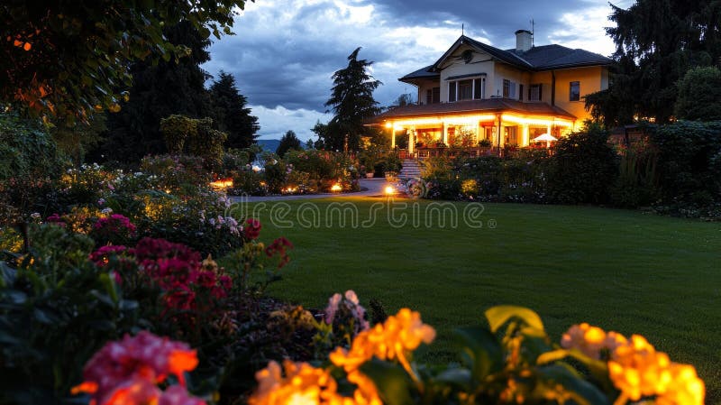 The Real Estate Features a Dark House, a Night Garden, Illuminated ...