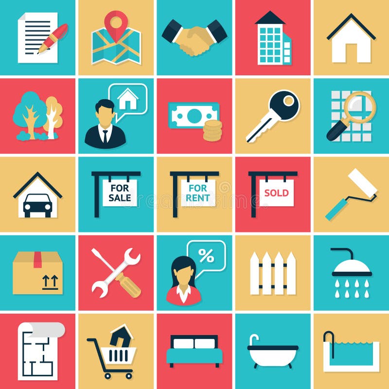 Real Estate flat icons set stock vector. Illustration of magnifying ...