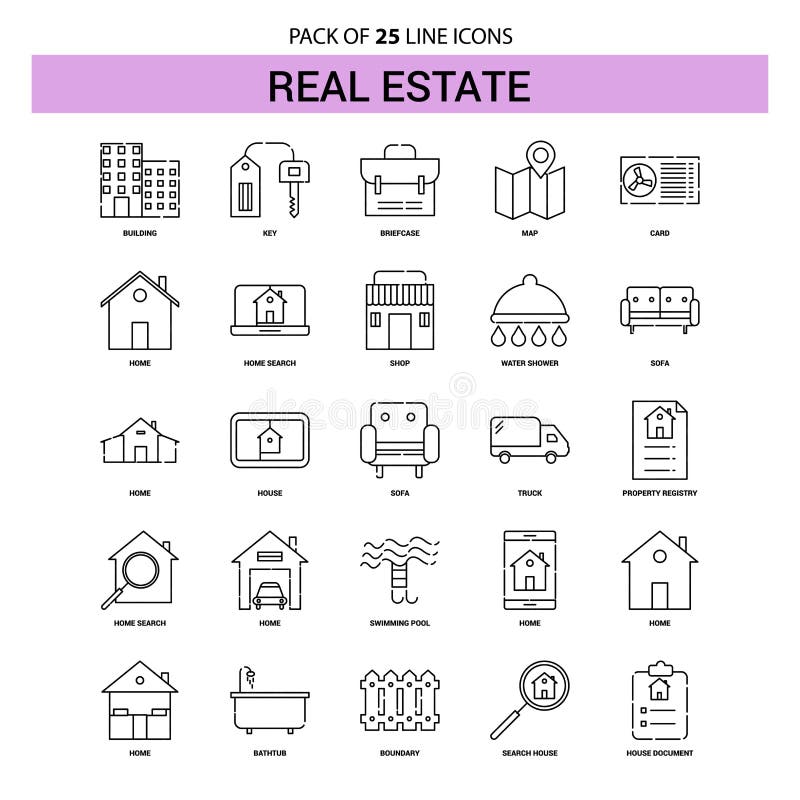 Real Estate Line Icon Set 25 Dashed Outline Style Stock Vector