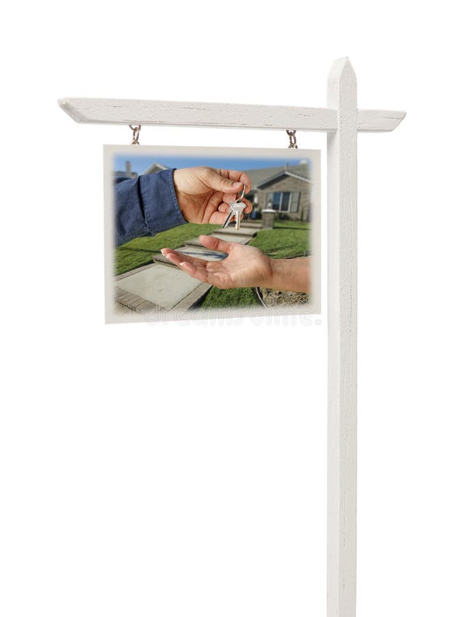 Real Estate Sign with Agent Handing Over Keys Stock Image - Image of ...