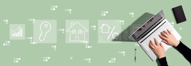 Real Estate Theme with Person Using Laptop Computer Stock Photo - Image ...