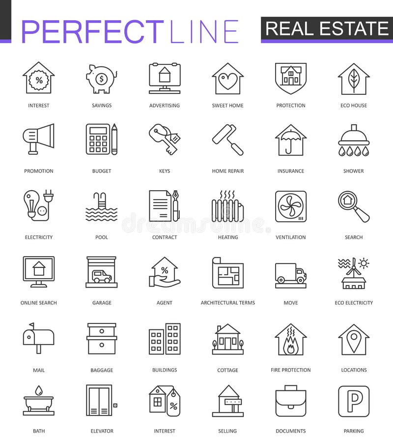 Real Estate Thin Line Web Icons Set. Outline Stroke Icon Design. Stock ...
