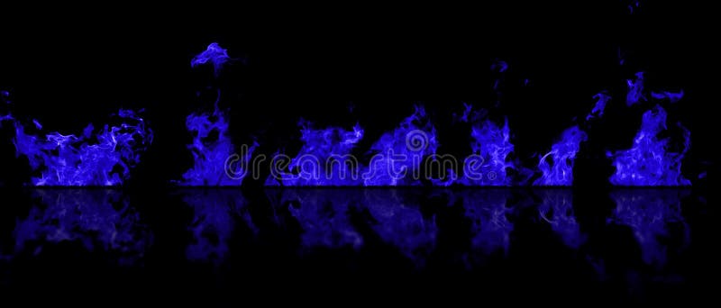 Real Fire Flames of Blue Color with Reflection Isolated on Black ...