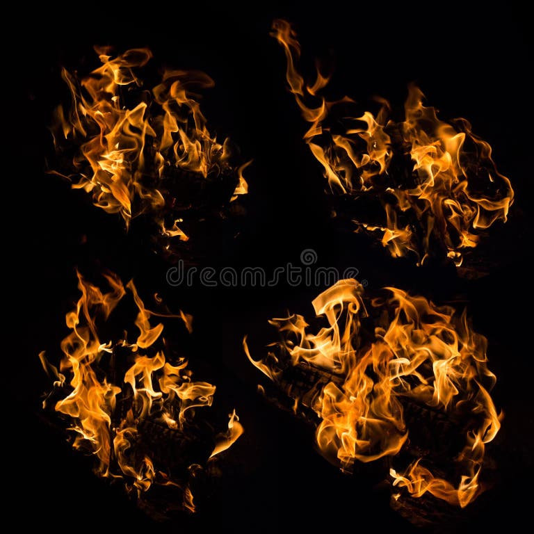 Real Fire Flames Samples Isolated on Black Stock Photo - Image of ashes ...