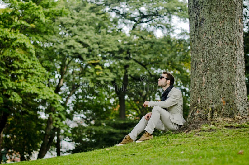 Real Man Well Dressed Staying on Tree a White Suit Stock Image - Image ...