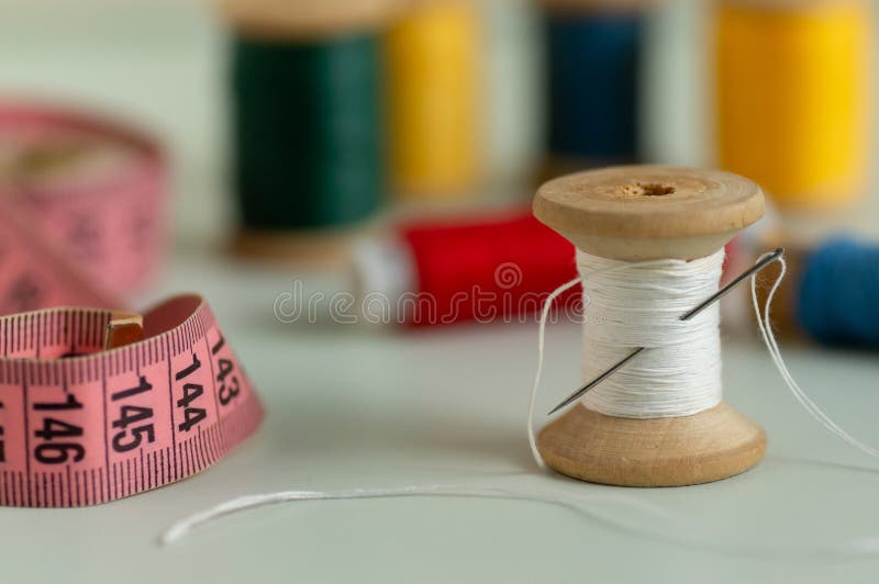 Real Old Spools of Needle and Thread Meter Close-up Stock Image - Image ...