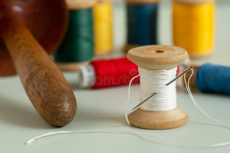 Real Old Spools of Needle and Thread Meter Close-up Stock Image - Image ...