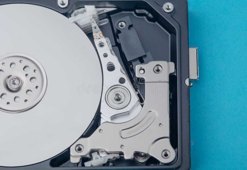 Real Open Computer Hard Drive on a Blue Background Stock Photo - Image ...