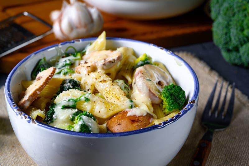 A Real Pasta with Mushrooms, Spinach and Broccoli Stock Photo - Image ...