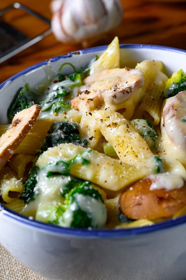 A Real Pasta with Mushrooms, Spinach and Broccoli Stock Photo - Image ...