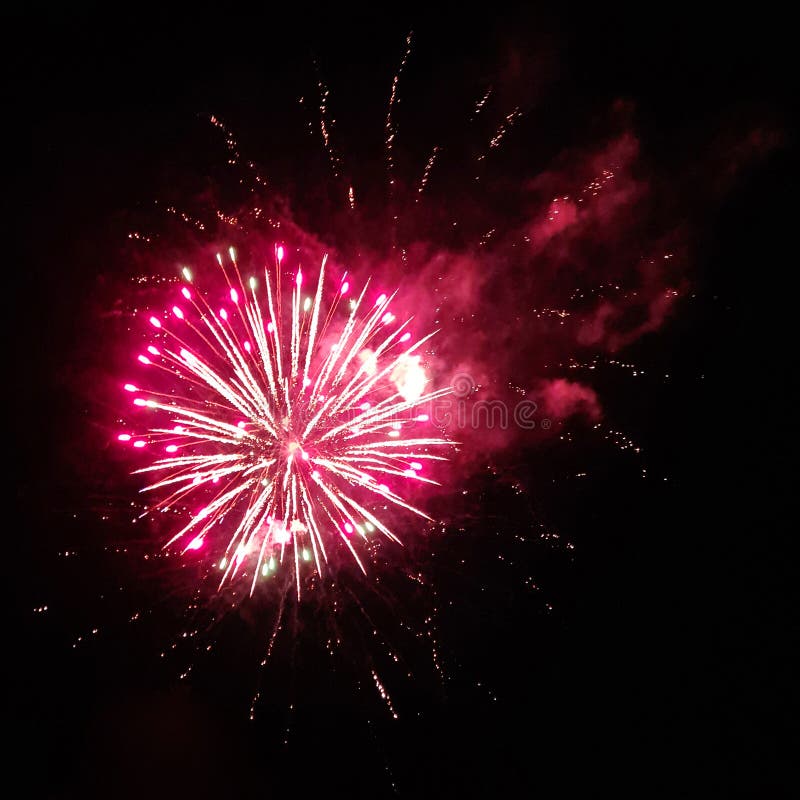 Real Pink Fireworks with Smoke and Sparks on Black Sky Background for ...