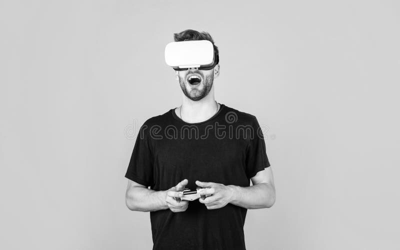 It is so Real. Playing Virtual Computer Video Game Online. Young Man in ...