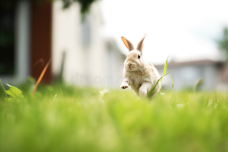 Real Rabbit Hopping through a Grassy Lawn Stock Photo - Image of lawn ...