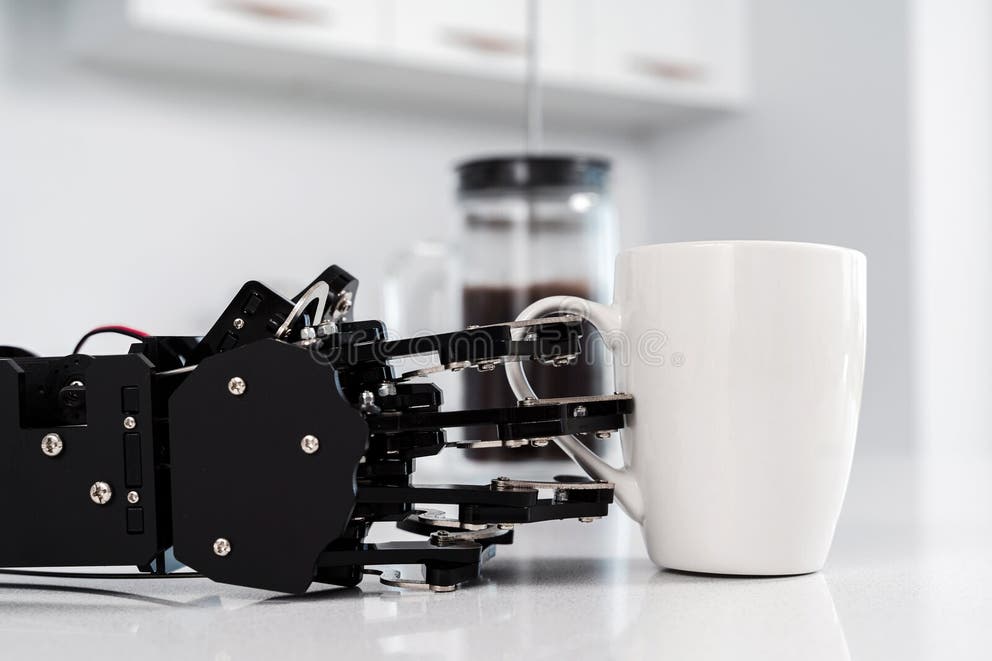Real Robot Hand and White Cup of Coffee. Concept of Robotic Process ...