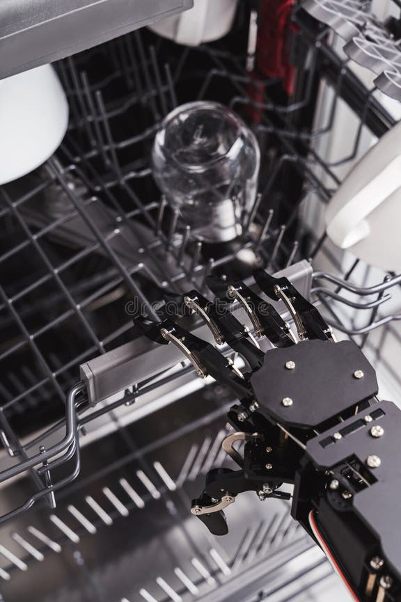 Real Robot S Hand and Dishwasher Machine. Concept of Artificial ...