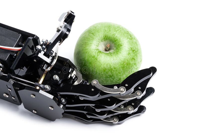 Real Robot S Hand with Green Apple. Concept of Artificial Intelligence ...