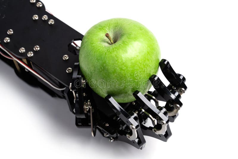 Real Robot S Hand with Green Apple. Concept of Artificial Intelligence ...