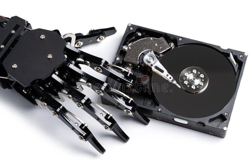 Real Robotic Hand with Hard Disk Drive. Concepts of AI-powered Data ...