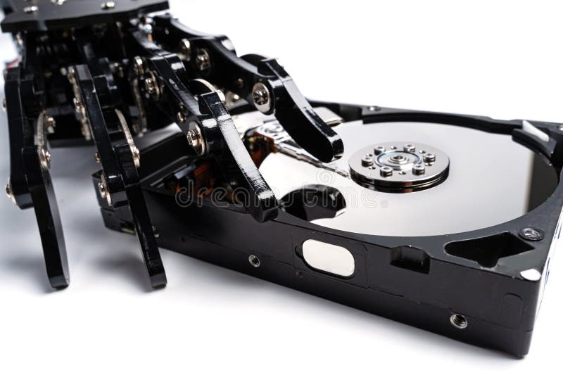 Real Robotic Hand with Hard Disk Drive. Concepts of AI-powered Data ...