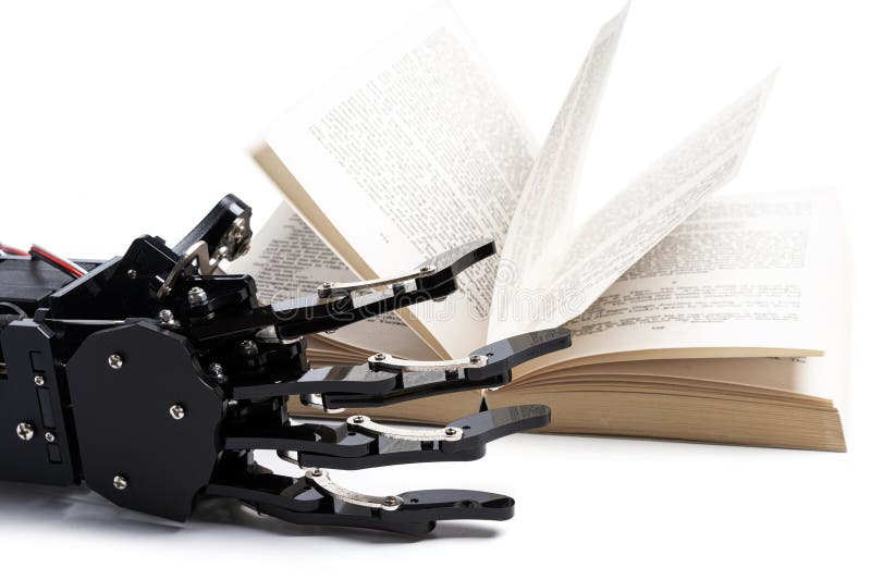 Real Robotic Hand and Opened Book. Concept of AI Power and Machine ...