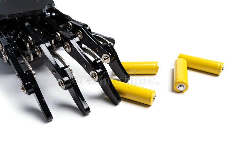 Real Robotic Hand and Rechargeable AA Battery Cells on White Background ...