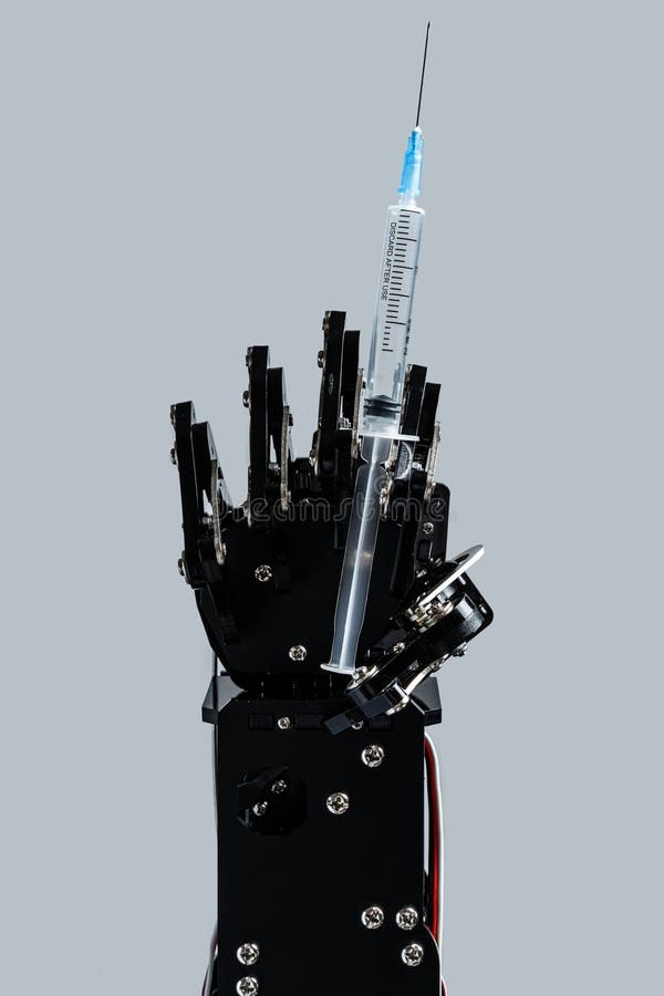 Real Robot Hand and Immersion Blender. Concept of Robotic Process ...