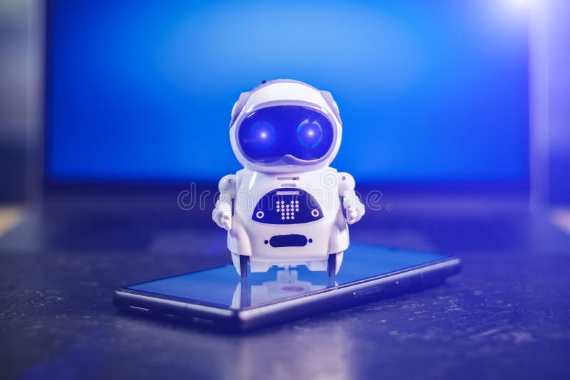 Real Small Robot on Smartphone with White Background. Futuristic Future ...