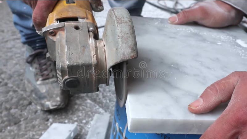 Technician Saw Machine Cut Marble Stone. Worker Cutting Marble Using ...