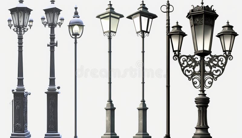 Real Vintage Street Lamp Posts Lanterns Set Five Outdoor Isolated White Background Light Lamp