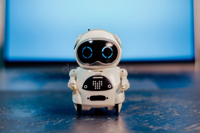Real White Small Robot on Black Table. Futuristic Future Technology ...