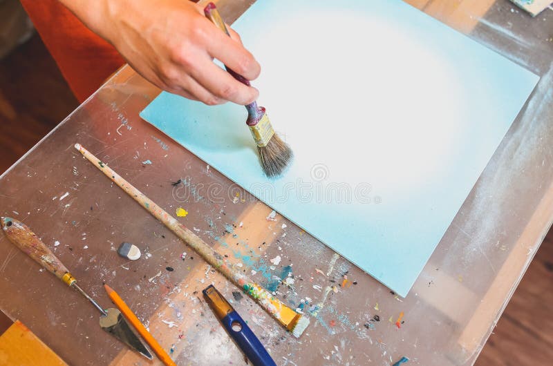 Real Work Studio of the Painter. Man is Creating Picture. Artist ...