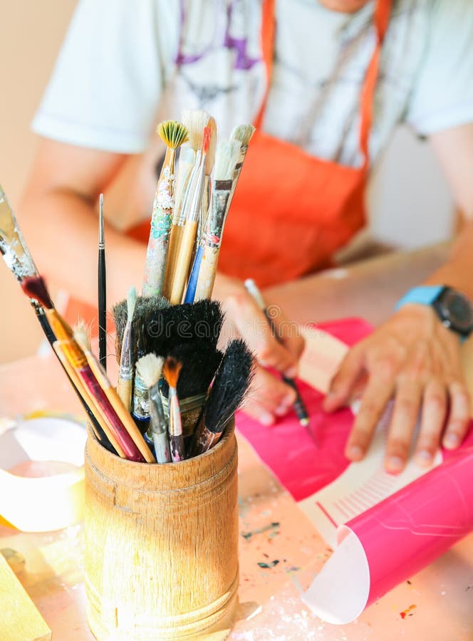 Real Work Studio of the Painter. Man is Creating Picture. Artist ...