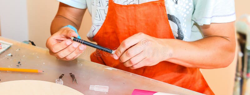 Real Work Studio of the Painter. Man is Creating Picture. Artist ...