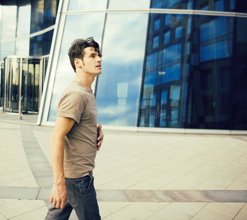 Real Young Man Stand in Front of Modern Business Building Stock Image ...