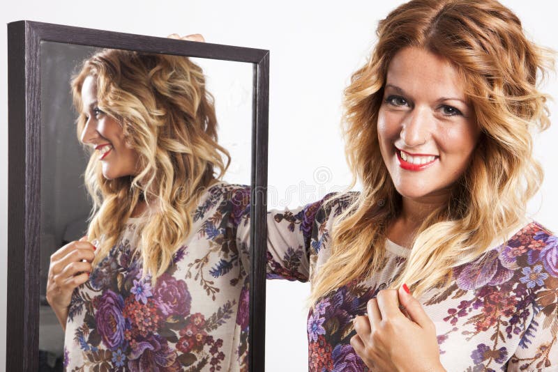 Real Young Woman Looking in a Mirror Stock Image - Image of beautiful ...