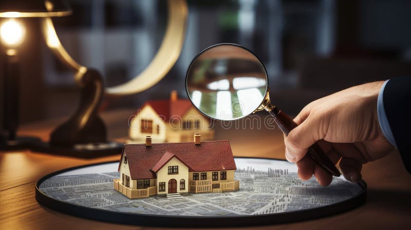 Realestate Magnifying Glass and House Stock Illustration - Illustration ...