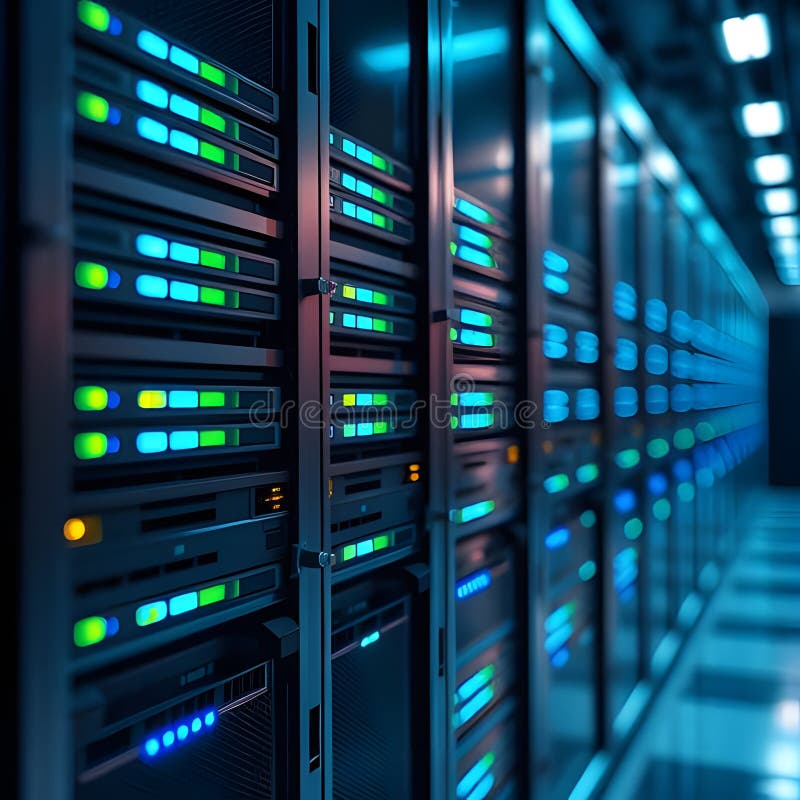 AI-generated Illustration of a Close-up Server Rack in a Modern Data ...