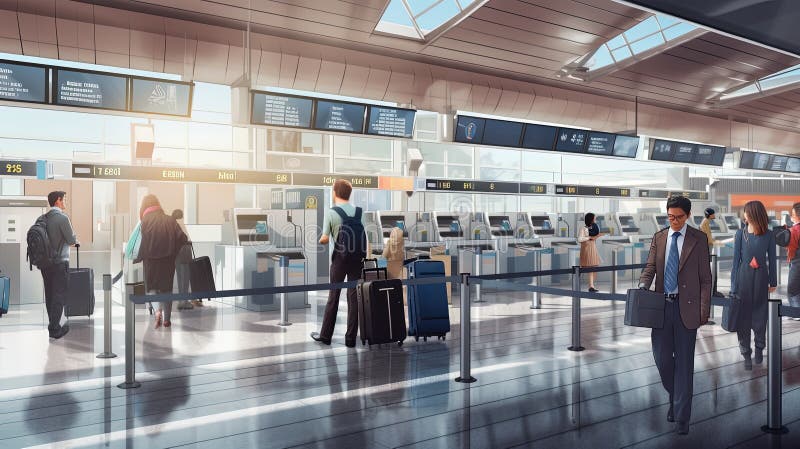Realistic Airport and Passengers Getting Their Check-in in Progress ...