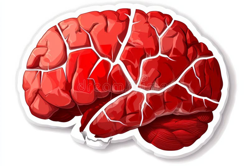 Realistic Anatomical Brain Illustration in Bold Red Tones Emphasizing ...