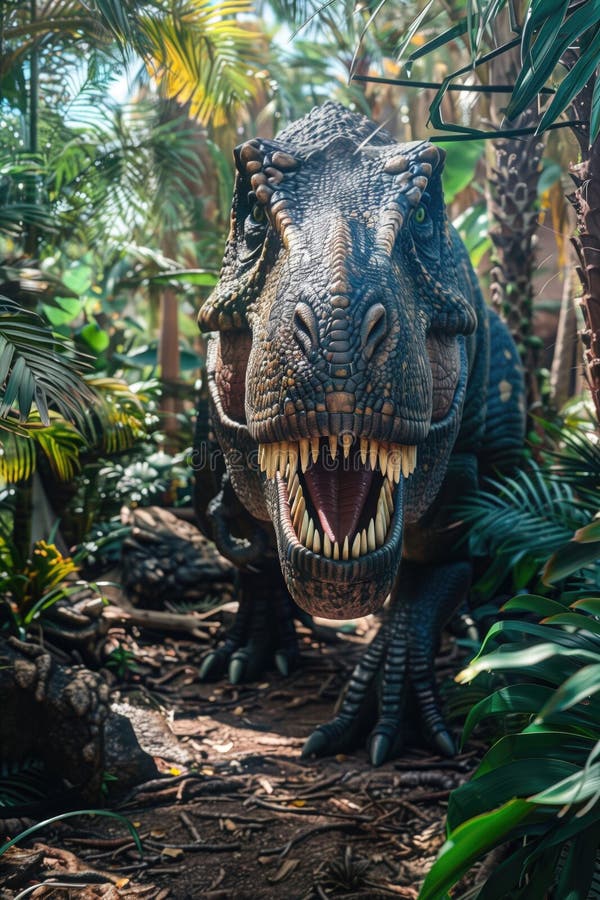 Realistic Animatronic T-Rex Dinosaur in Lush Jungle Environment with ...
