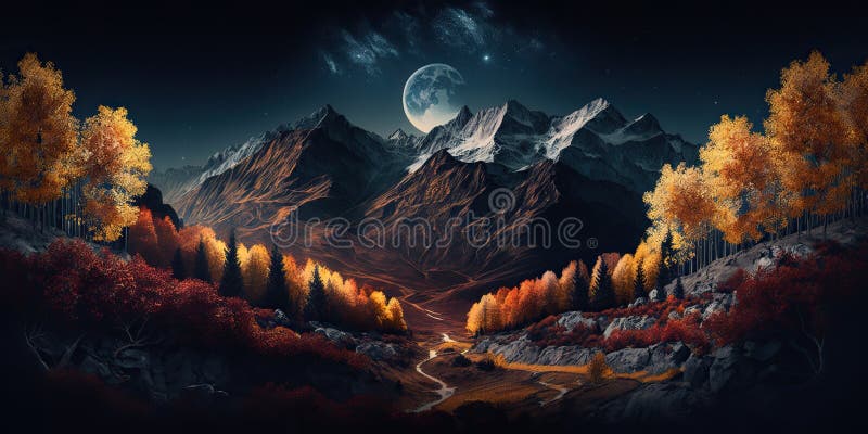 Realistic Autumn Panorama Mountain at Night, Generative AI Stock ...