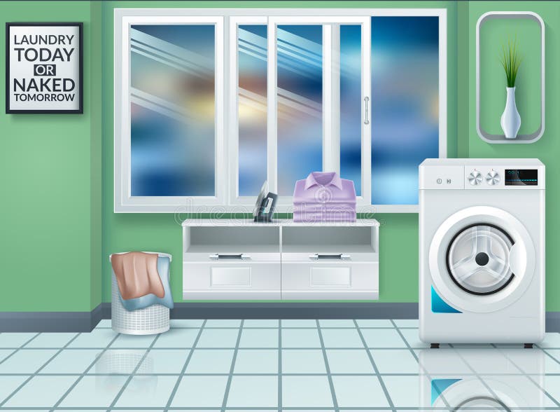Realistic Background with Modern Washing Machine in Empty Laundry Room ...