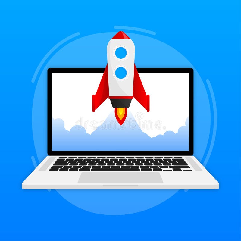 Realistic Banner with Flat Rocket Laptop. Flat Icon Stock Vector ...