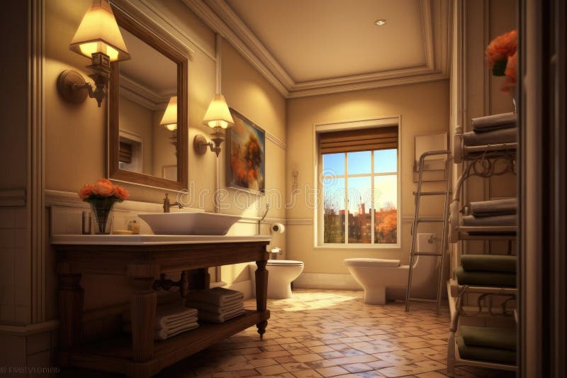 Realistic Bathroom Interior Design. Generative AI Stock Illustration - Illustration of living ...