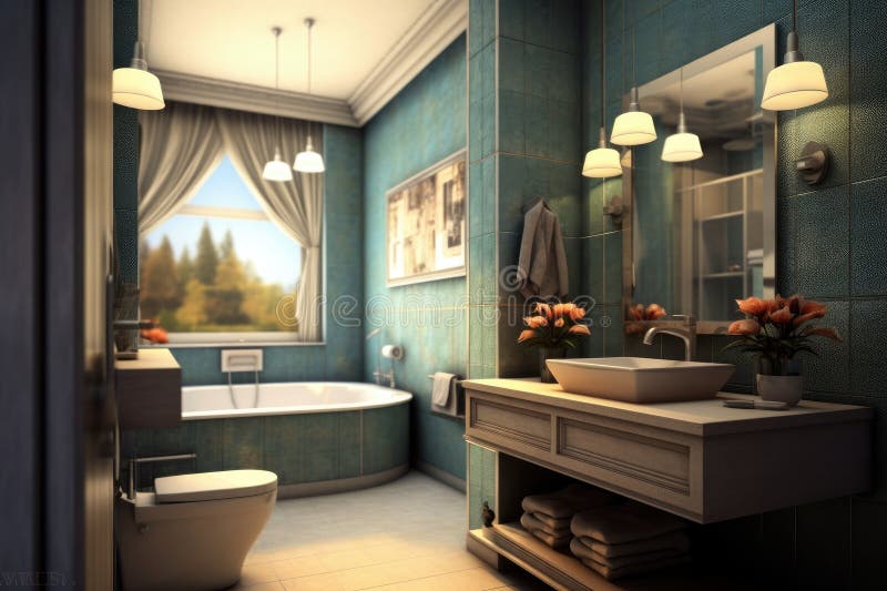 Realistic Bathroom Interior Design. Generative AI Stock Illustration - Illustration of furniture ...