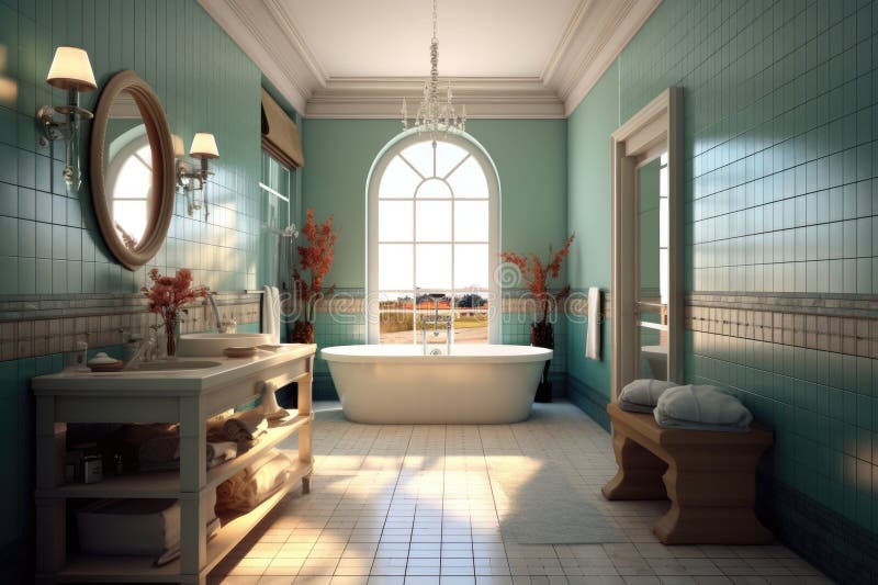 Realistic Bathroom Interior Design. Generative AI Stock Illustration - Illustration of daylight ...