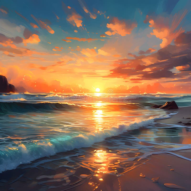 Realistic Beach, Sunset Over Ocean, Oil Paint, AI Generated, Generative ...