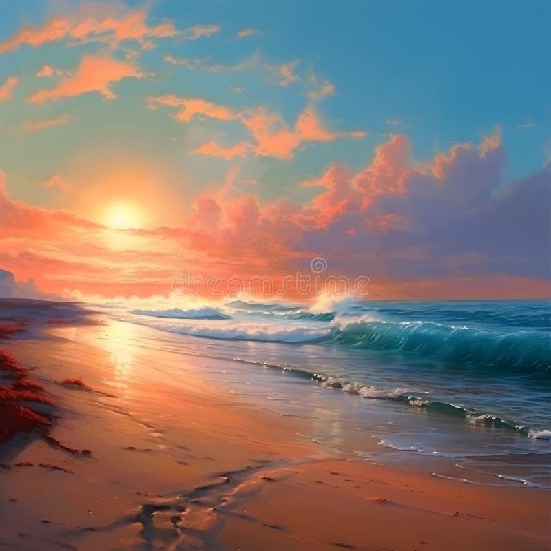 Realistic Beach, Sunset Over Ocean, Oil Paint, AI Generated, Generative ...