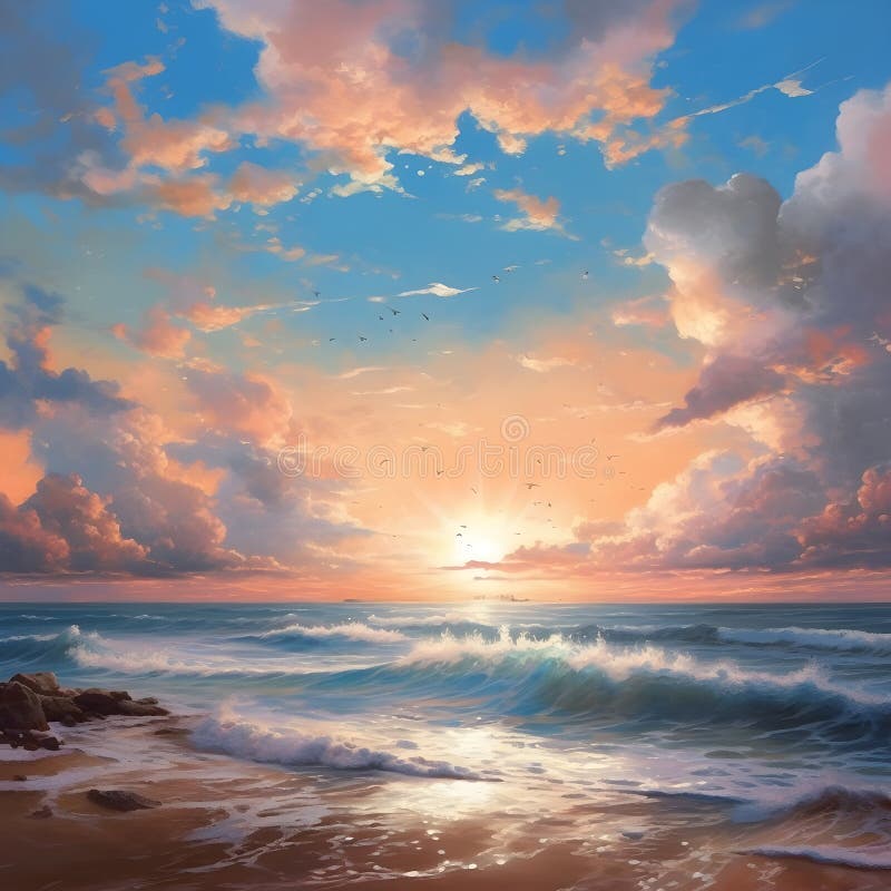 Realistic Beach, Sunset Over Ocean, Oil Paint, AI Generated, Generative ...