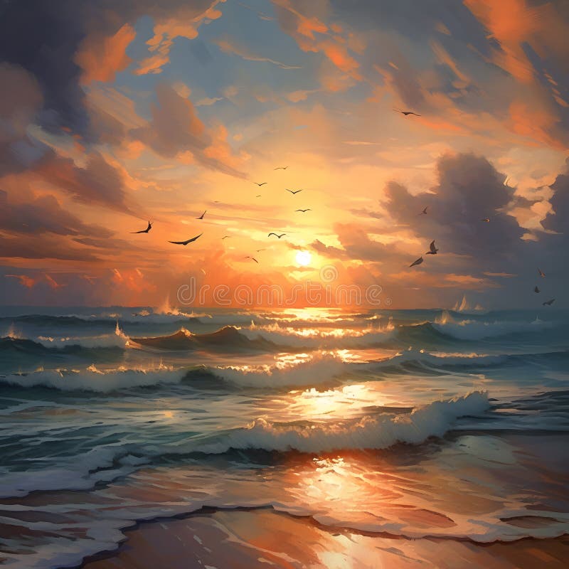 Realistic Beach, Sunset Over Ocean, Oil Paint, AI Generated, Generative ...